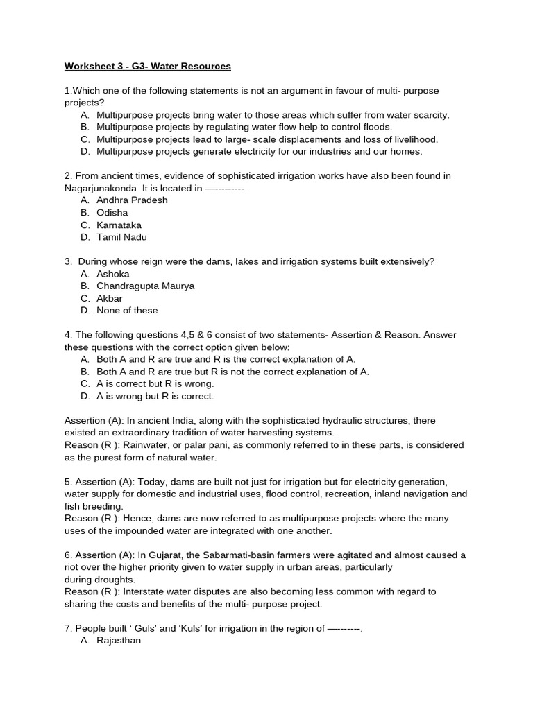 Worksheet 3-G3 - Water Resources | PDF