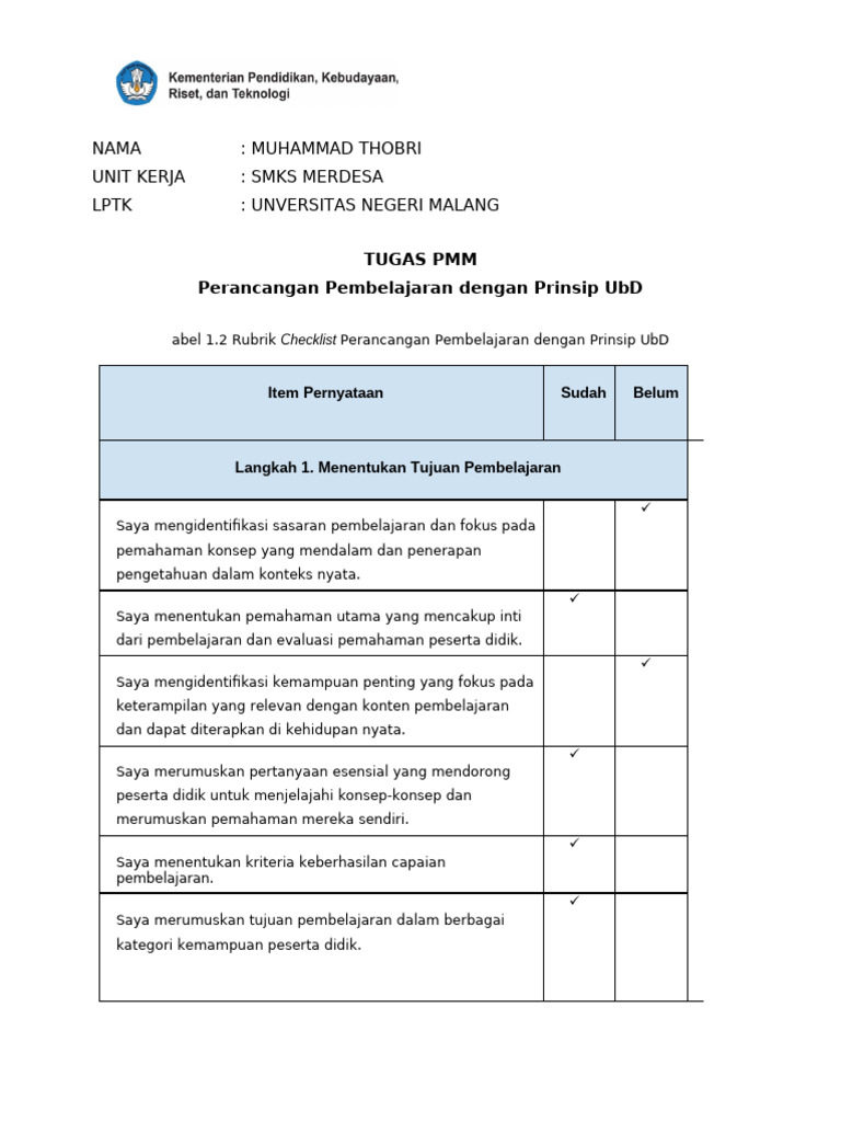 Rubrik Checklist Perancangan Pembelajaran Dengan Prinsip UbD | PDF