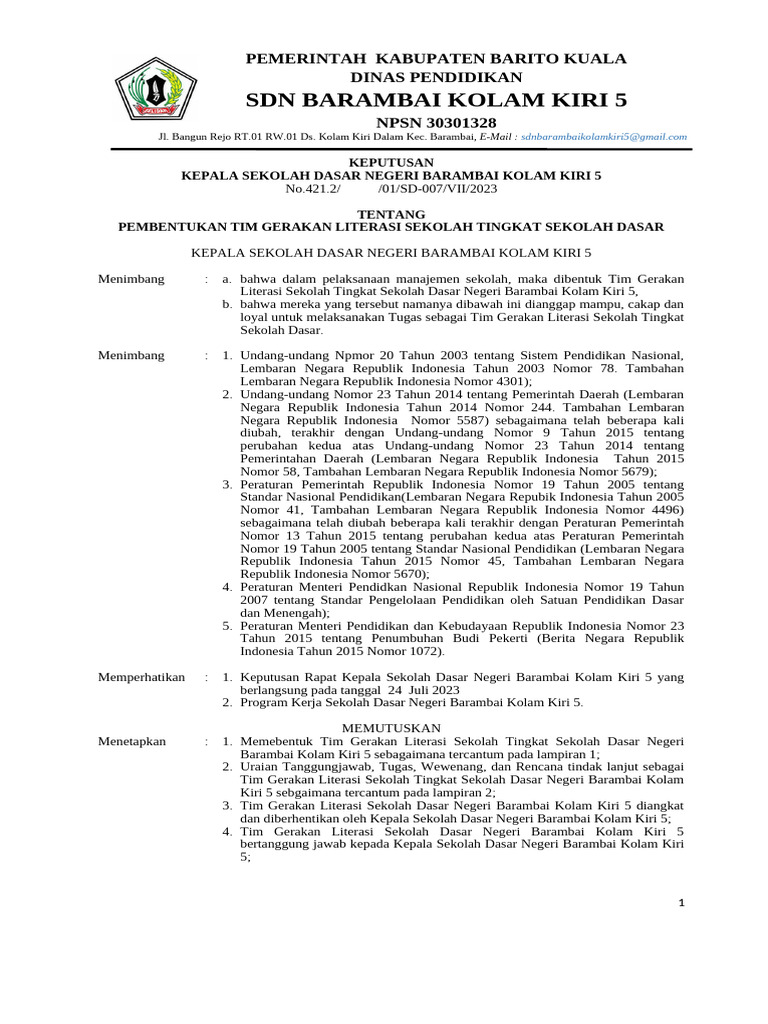 SK Tim Gerakan Literasi SDN BKK 5 2023-2024 | PDF