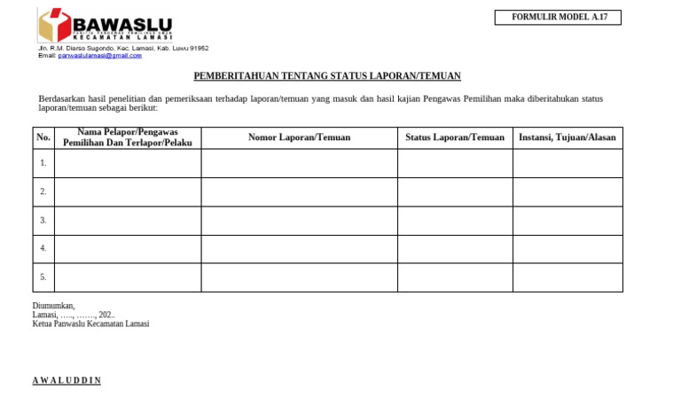 Formulir Form A.17 | PDF