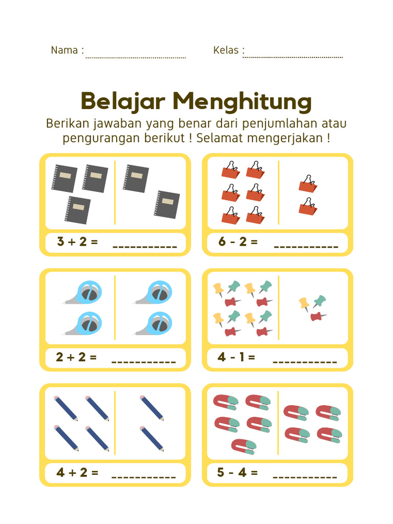 Kuning Ilustrasi Belajar Menghitung Lembar Kerja Sekolah | PDF