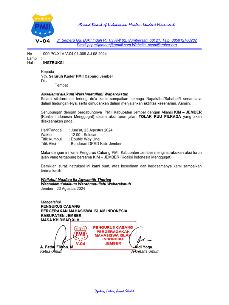 009 Surat Intruksi AKSI PC PMII Jember | PDF