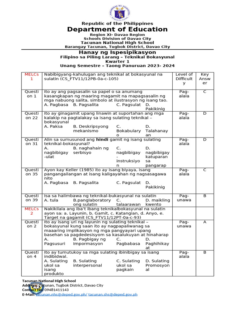 Filipino Sa Piling Larang TVL Q1 Tos Answer Key - 2022 - 2023 | PDF ...