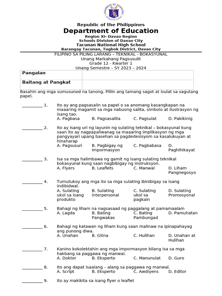 Filipino-Sa-Piling-Larang-Tvl-Q1-Tq Final | PDF