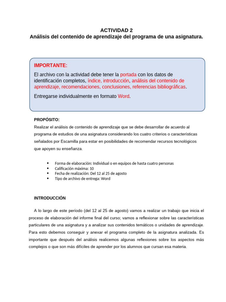 Act - 2. Instrucciones y Rubrica Con Los Criterios de Evaluacion - Agosto 2024 2 | PDF ...