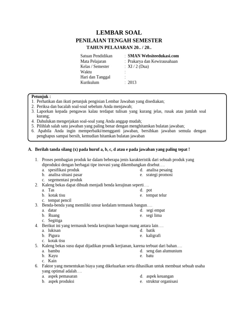 Soal PTS 2 Prakarya Kelas Xi K13 | PDF | Art | Science & Mathematics