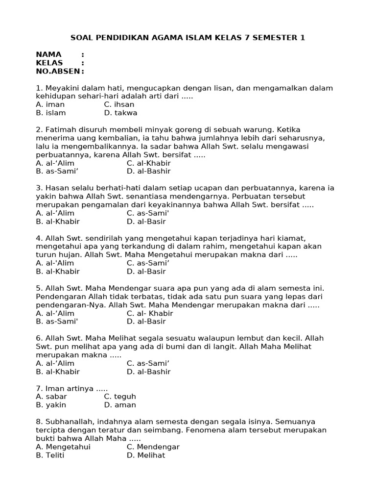 Soal Pendidikan Agama Islam Kelas 7 Semester 1 | PDF