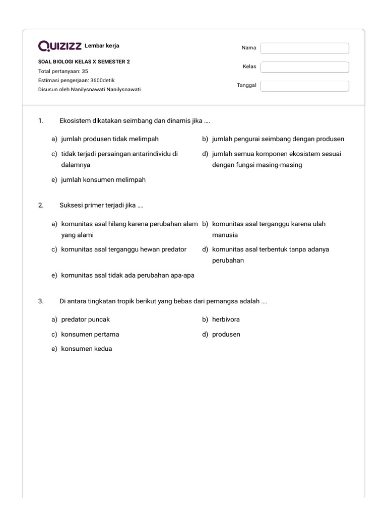 SOAL BIOLOGI KELAS X SEMESTER 2 - Quizizz | PDF