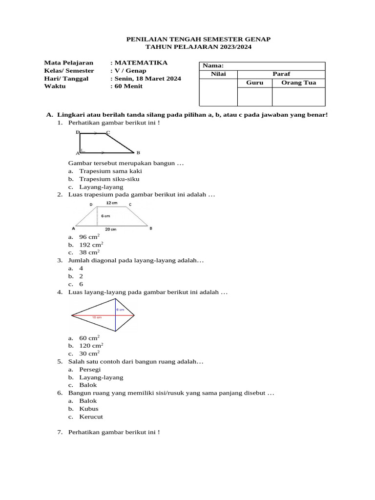 Soal PTS Matematika Kelas 5 Semester Genap TP 2023-2024 | PDF