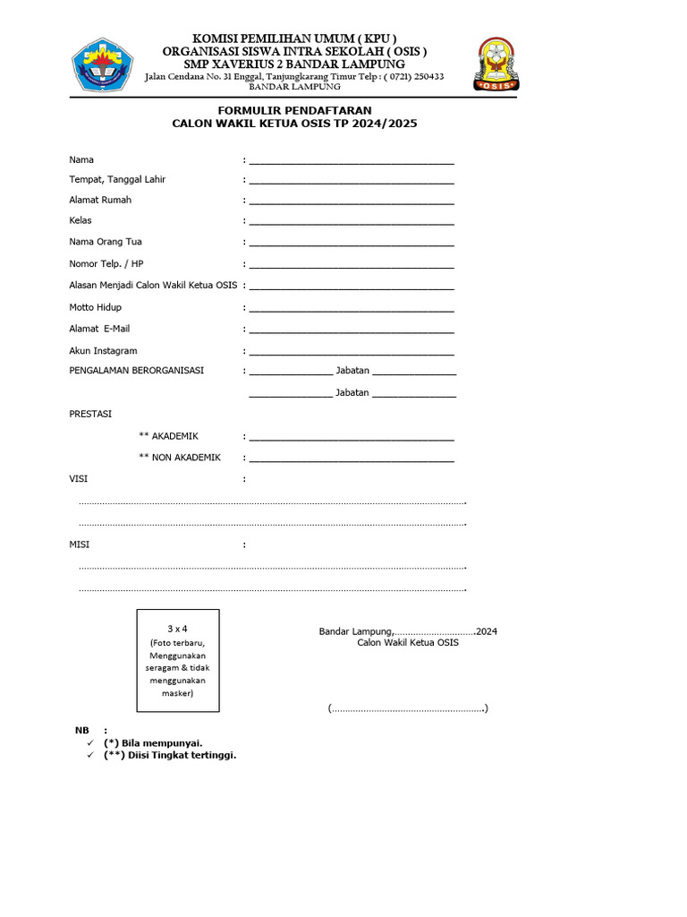 1.5. Formulir Pendaftaran Calon Wakil Ketua OSIS 2425 | PDF 1.5. Formulir Pendaftaran Calon Wakil Ketua OSIS 2425 | PDF
