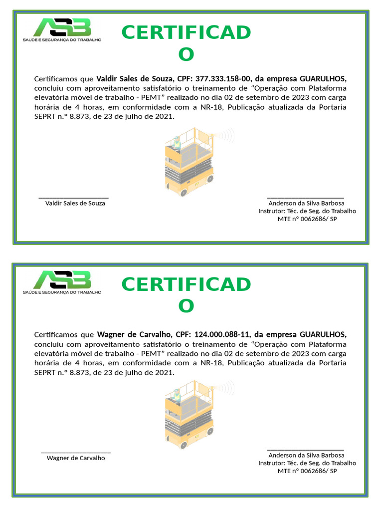Certificado - NR 18 - Modelo | PDF