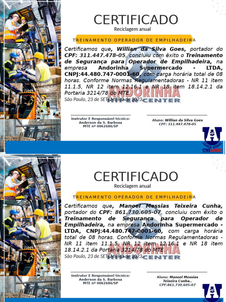 Certificado Andorinha - Operador de Empilhadeira | PDF