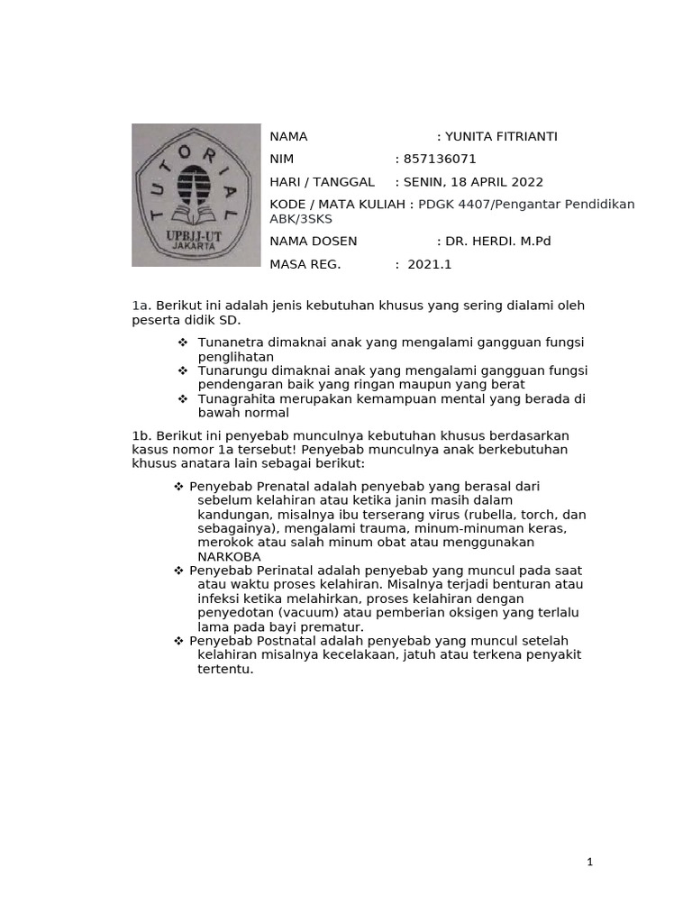 Lembar Jawaban TT 1 ABK | PDF