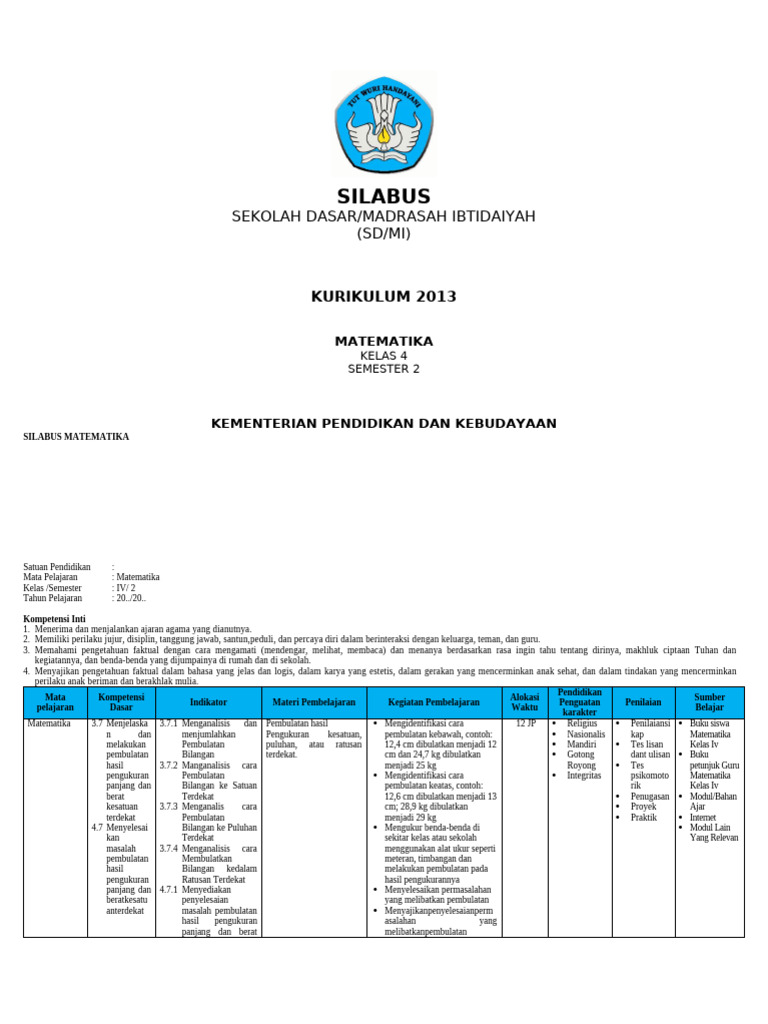 Silabus Matematika Kelas 4 SEM 2 v2 | PDF