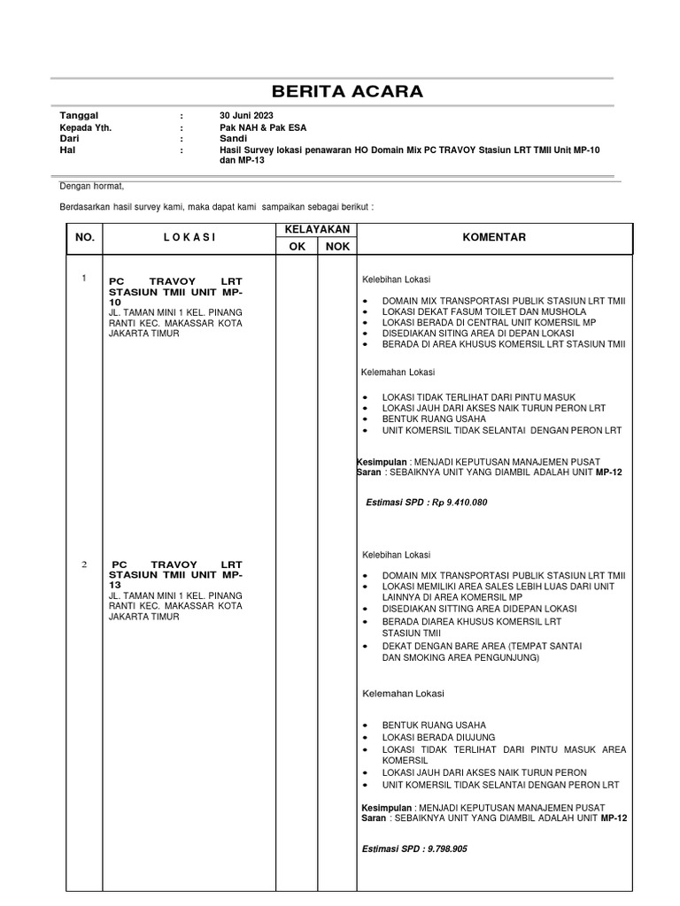Ba Survey PC Travoy LRT Stasiun Tmii | PDF