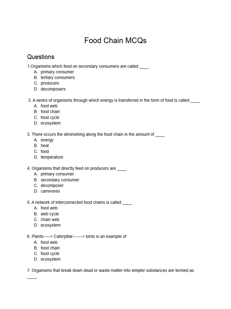 Food Chain MCQs and Answers | PDF