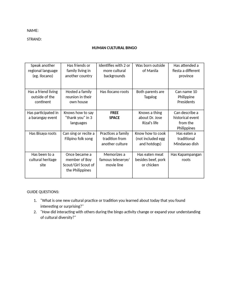 Human Cultural Bingo | PDF