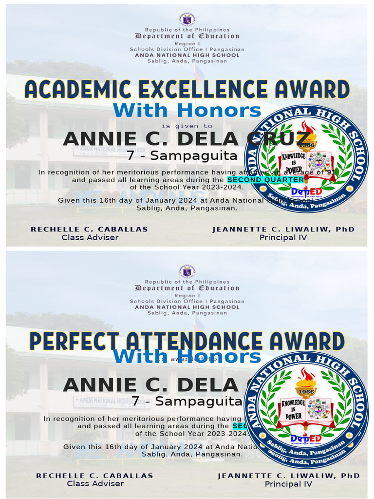 Academic Excellence Award and Perfect Attendance Cert | PDF