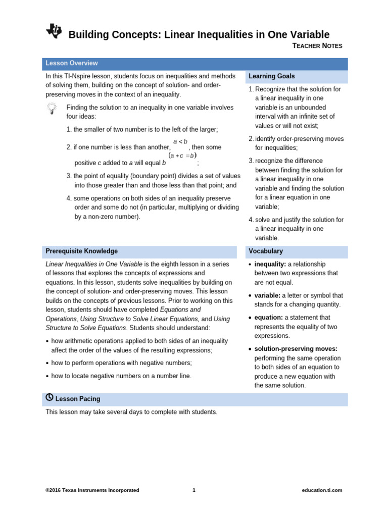 Linear Inequalities in One Variable - Teacher | PDF