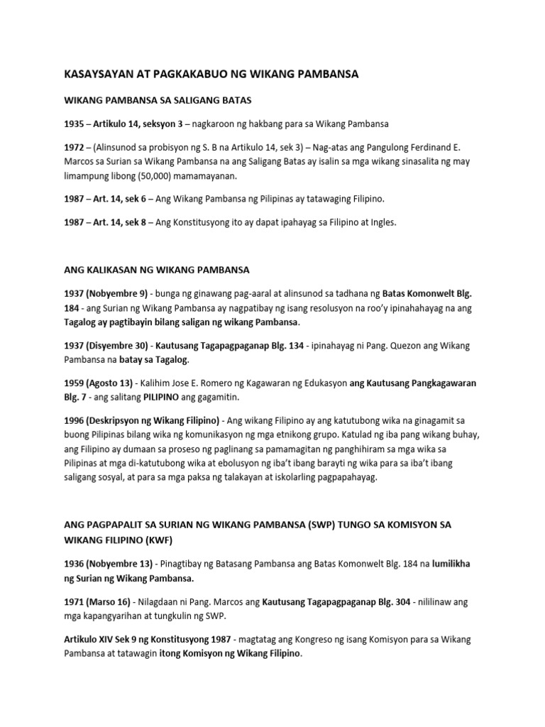 Kasaysayan at Pagkakabuo NG Wikang Pambansa Summary | PDF