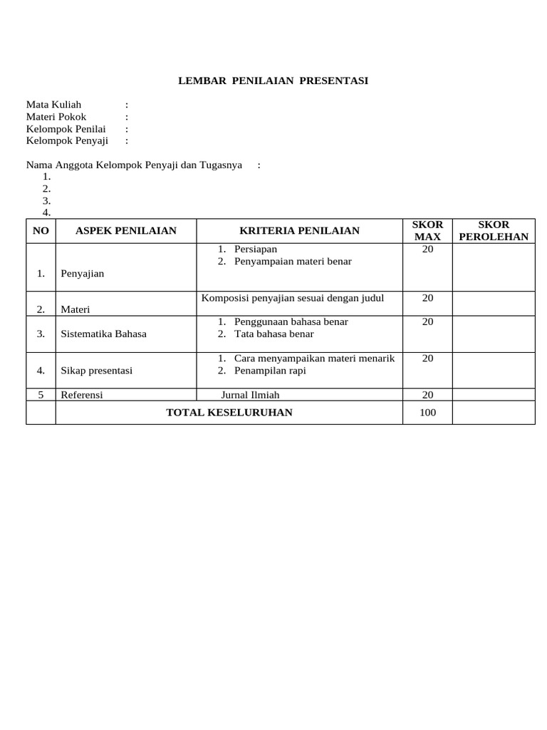 Lembar Penilaian Presentasi | PDF
