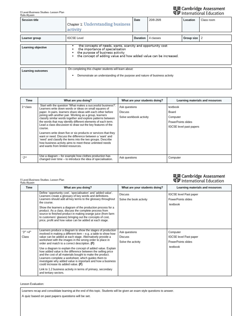 Y9 - Ch1 - Understanding Business Activity Weekly Plan | PDF