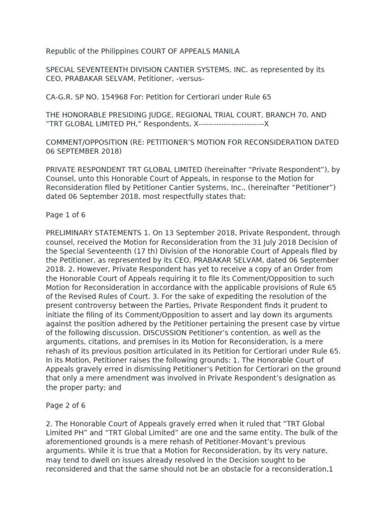 Sample Comment To Motion For Reconsideration | PDF | Appeal | Certiorari