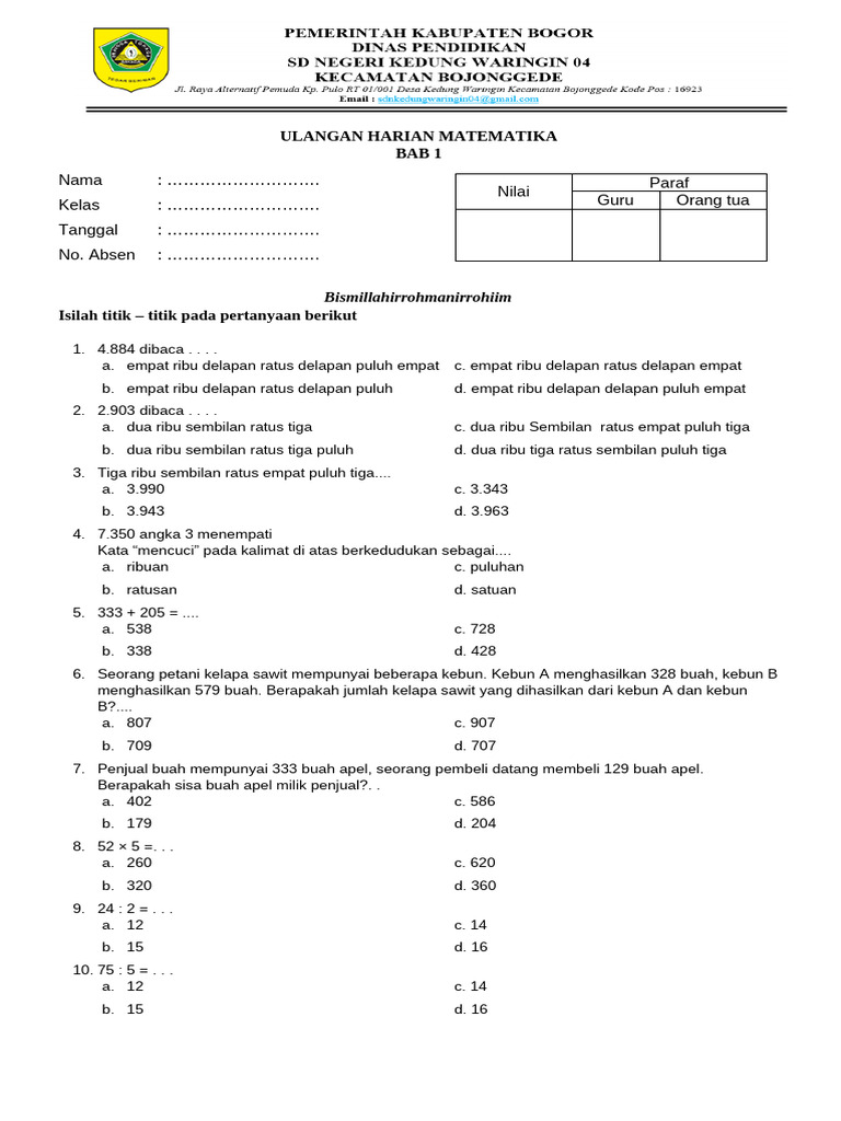 Ulangan Harian Matematika Bab 1 | PDF