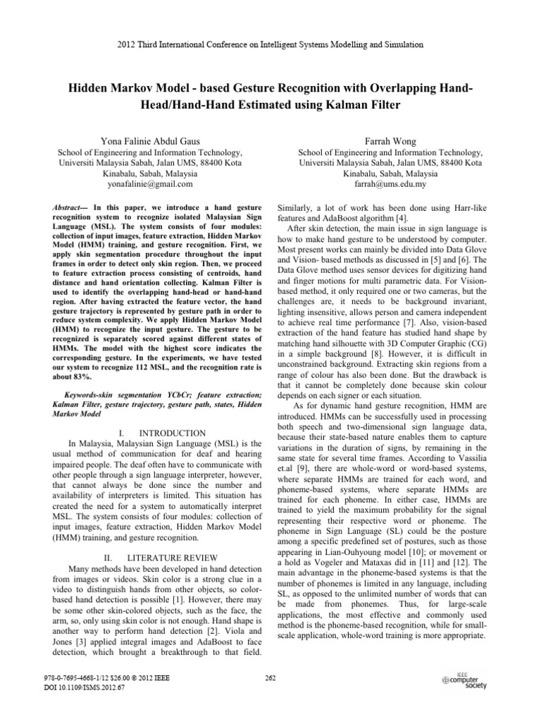 Hidden Markov Model - Based Gesture Recognition With Overlapping HandHeadHand-Hand Estimated ...