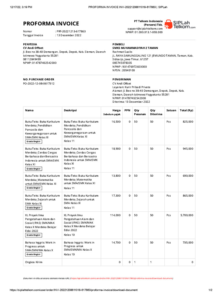 PROFORMA INVOICE INV-20221208611018-617863 - SIPLah | PDF