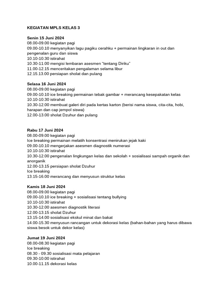 Kegiatan MPLS Kelas 3 | PDF