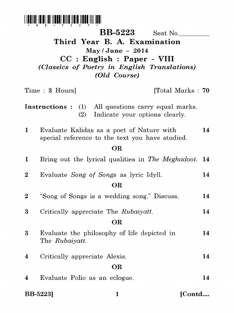 Third Year B. A. Examination May June - 2014 CC English Paper - VIII (Classics of Poetry in en | PDF