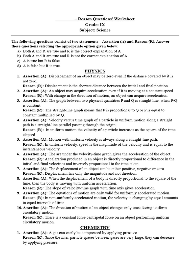 Assertion Reason Worksheet-1 | PDF Assertion Reason Worksheet-1 | PDF