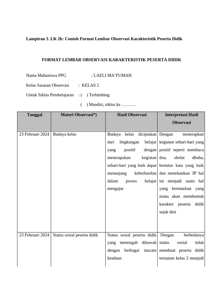 LK 3 OBSERVASI PESERTA DIDIK Laeli (AutoRecovered) | PDF