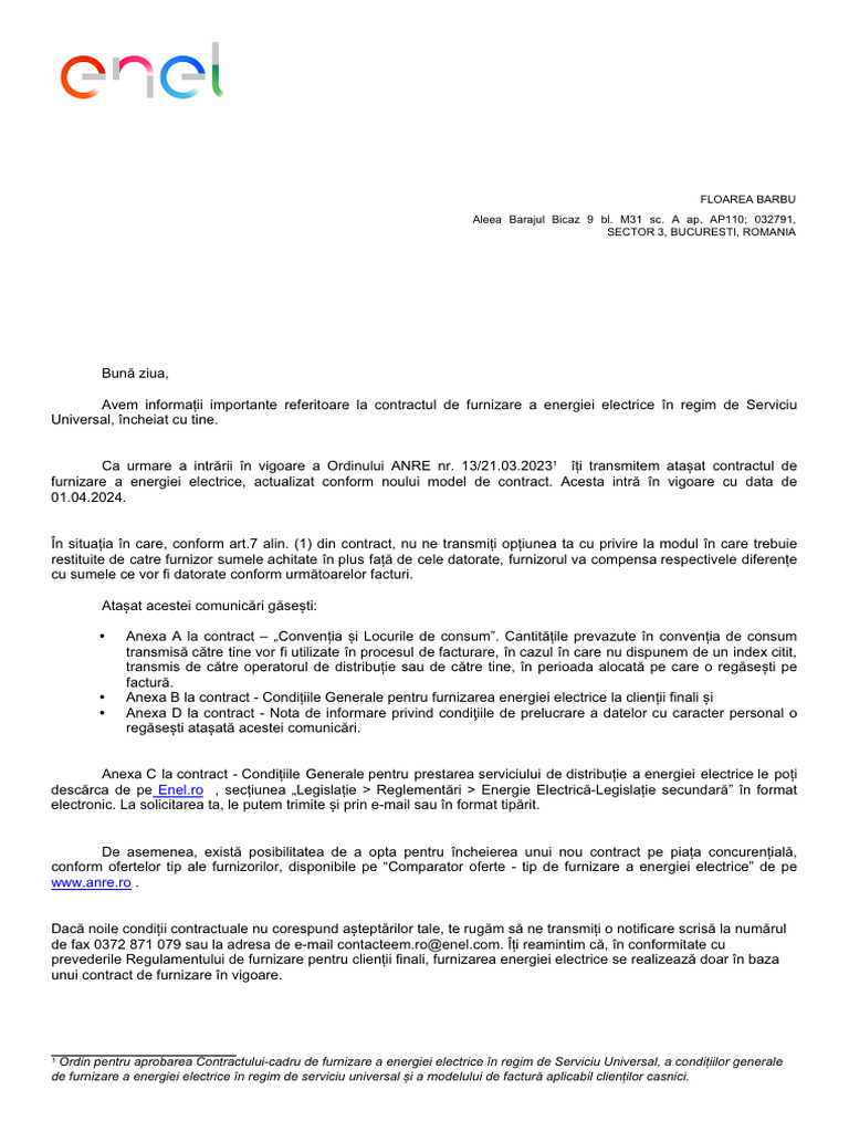 Contract de Furnizare in Regim de Serviciu Universal | PDF