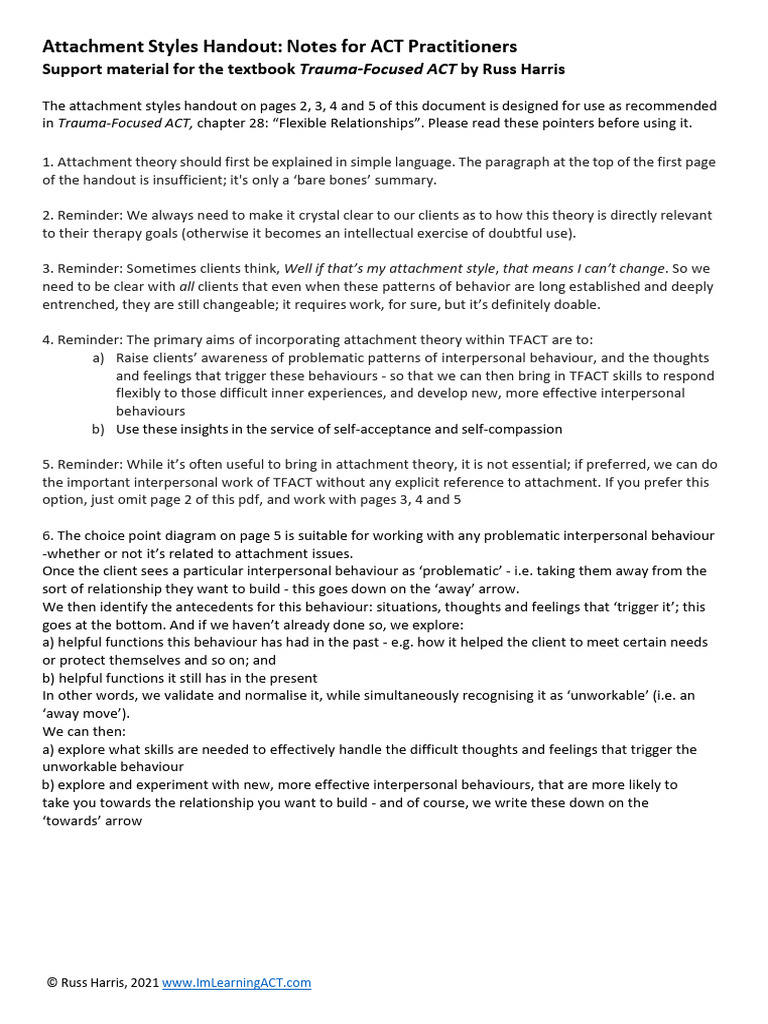 Trauma-Focused ACT - Attachment Styles Handout With Practitioner Notes ...