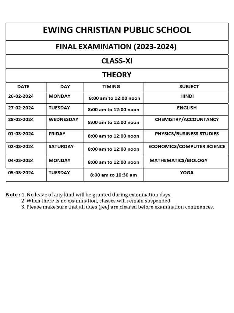 Class - Xi Final Exam Time Table | PDF