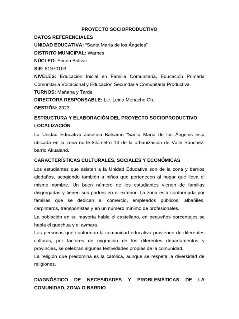 Modelo Proyecto Socioproductivo 2023 | PDF