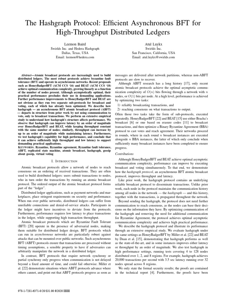 The Hashgraph Protocol Efficient Asynchronous BFT For High-Throughput Distributed Ledgers | PDF