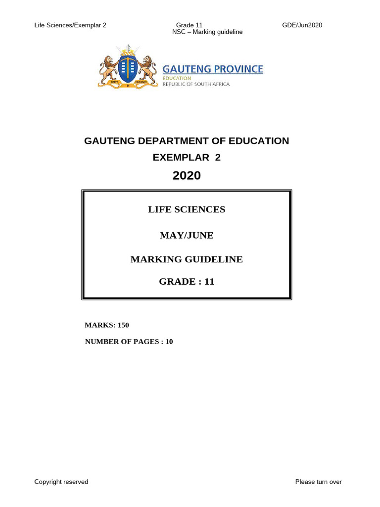 Grade 11 LFSC Mid Year Exemplar 2 Marking Guideline - Final | PDF