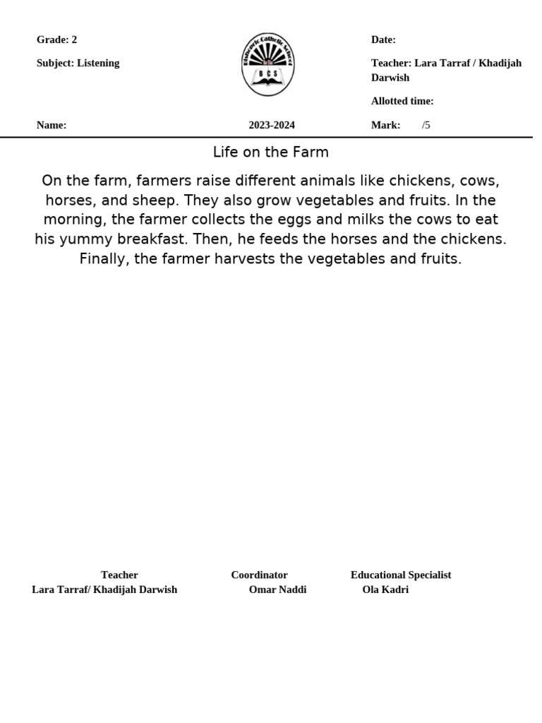 Grade 2 Listening: Life on the Farm | PDF