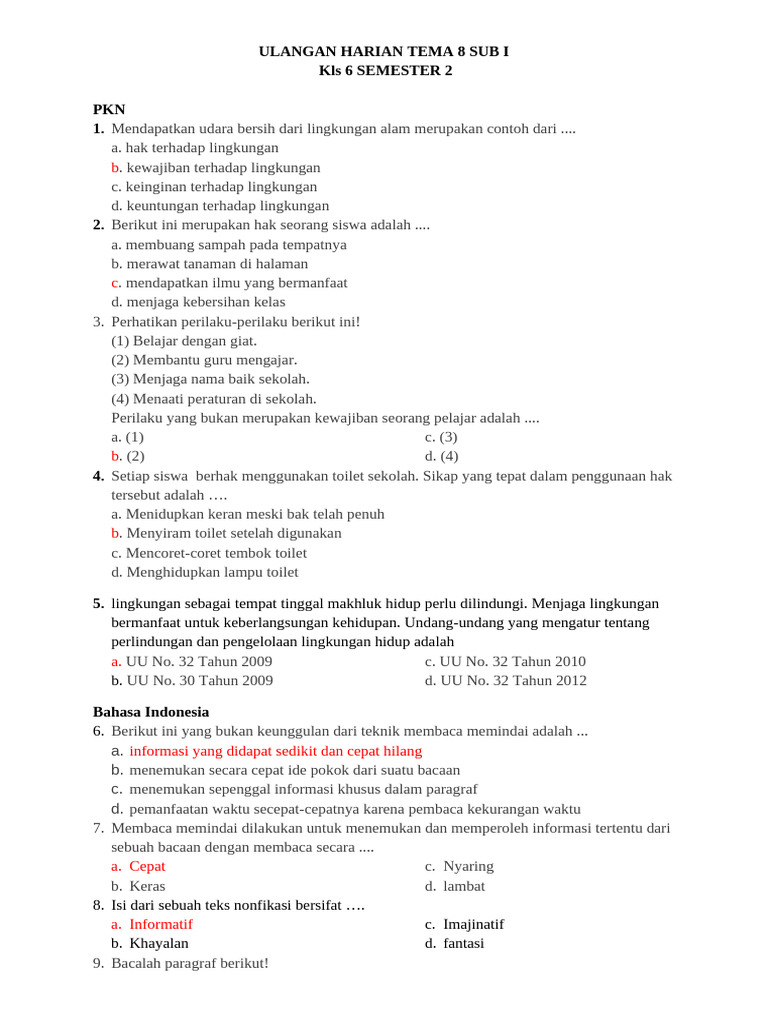 Ulangan Harian Tema 8 Sub I - 3 KLS 6 | PDF | Indonesia