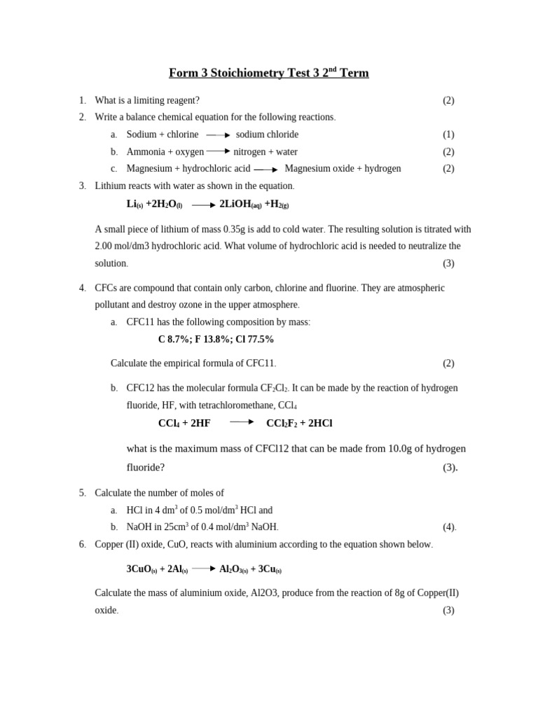 Form 3 Stoichiometry Test 3 2nd Term | PDF | Stoichiometry | Science ...