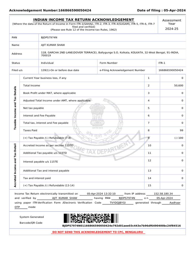 Indian Income Tax Return Acknowledgement: Acknowledgement Number ...