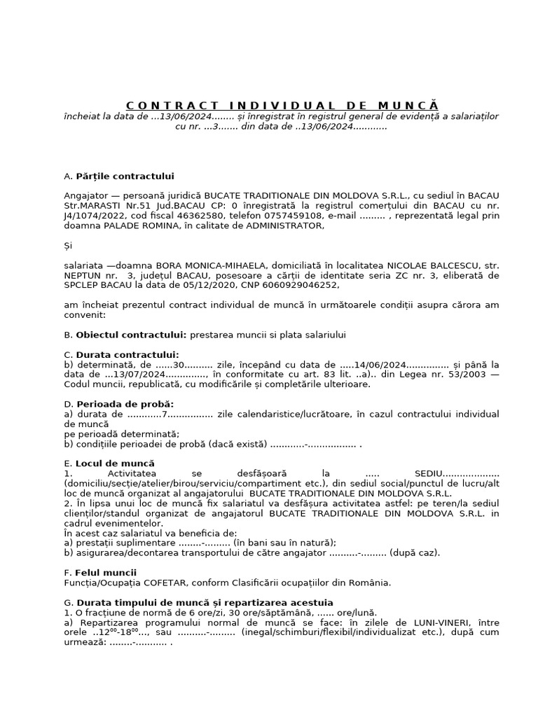 Contract - Munca - 2022 - Bucate - Traditionale - Din - Moldova - S.R.L ...