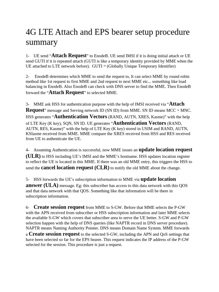 4G LTE Attach and EPS Bearer Setup Procedure Summary | PDF