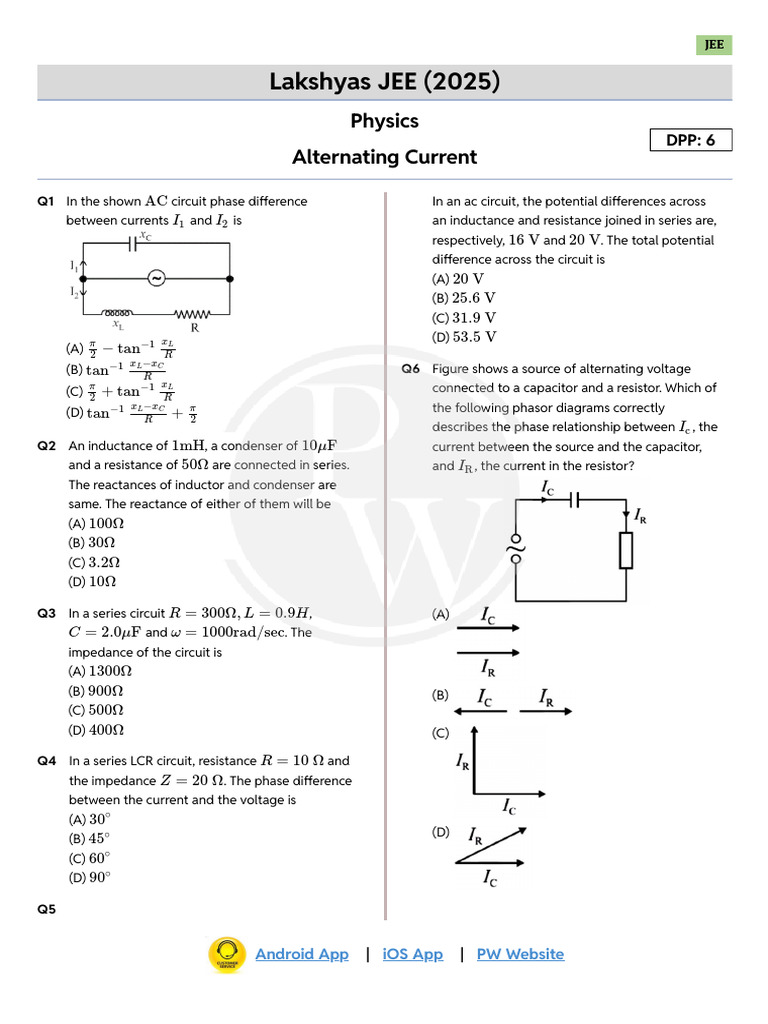 Lakshyas JEE (2025) : Physics Alternating Current | PDF