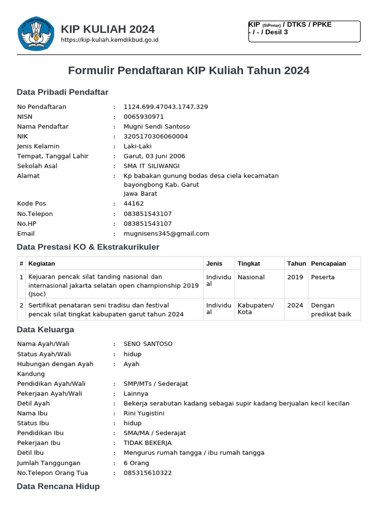 Formulir Peserta KIP Kuliah 2024 | PDF