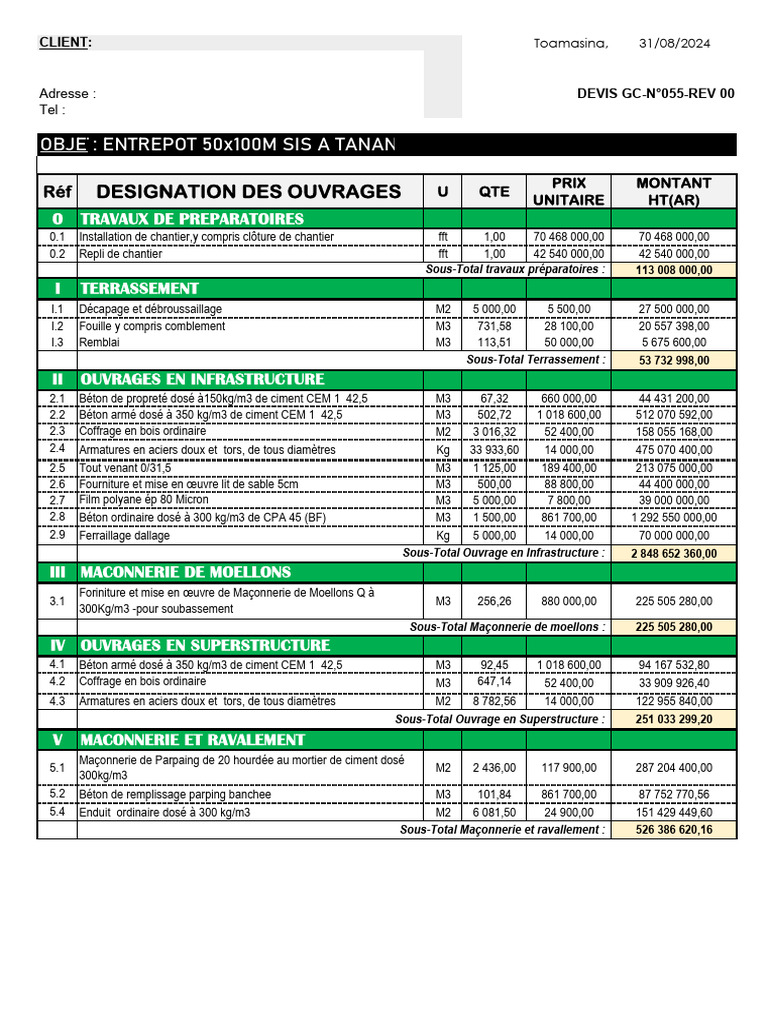 DEVIS ESTIMATIF DEPOT 50x100M - 033537 | PDF