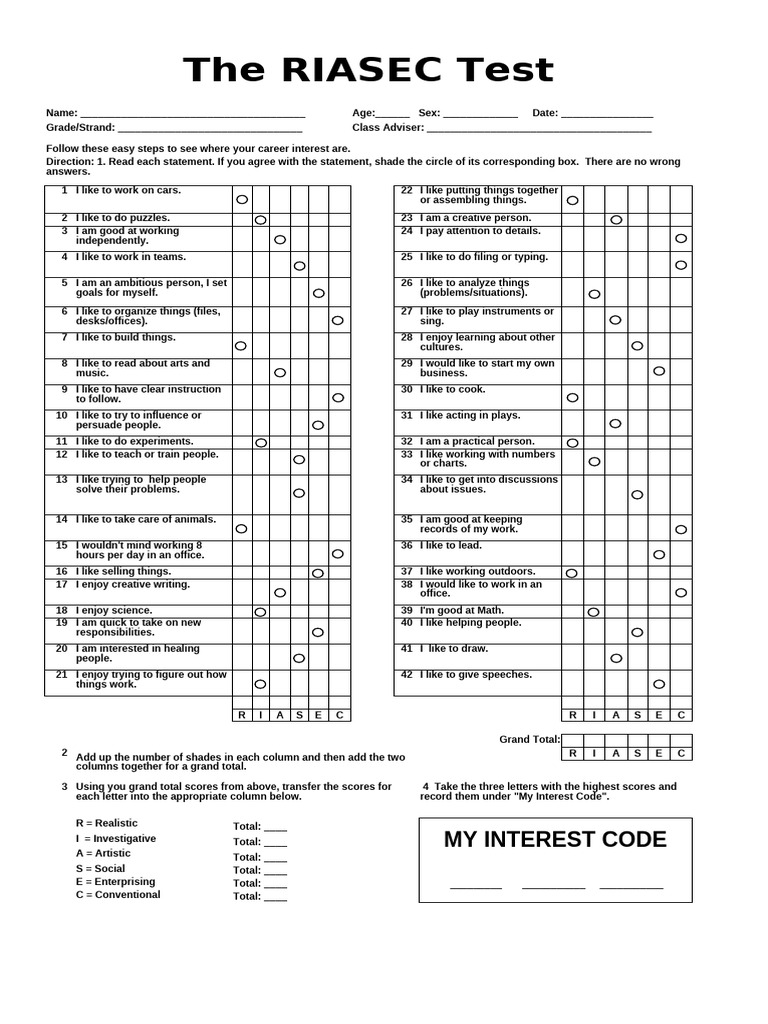RIASEC Personlity Test | PDF